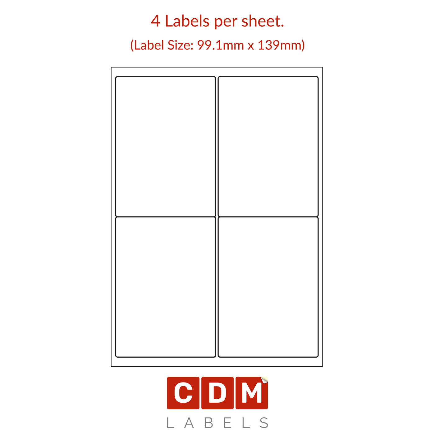 A4 Sheet Labels, 4 Labels per Sheet. (99.1mm x 139mm). Matt White Paper ...